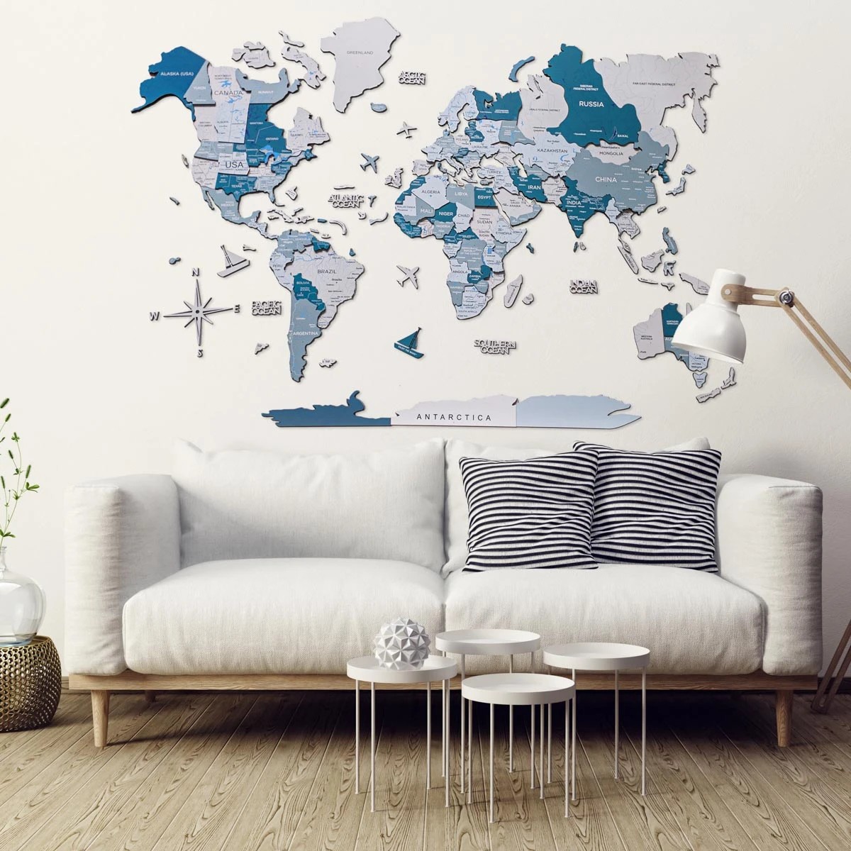 Drvena karta - zidna putna karta 3D plava boja AQUA 150x90 cm | Cool Mania