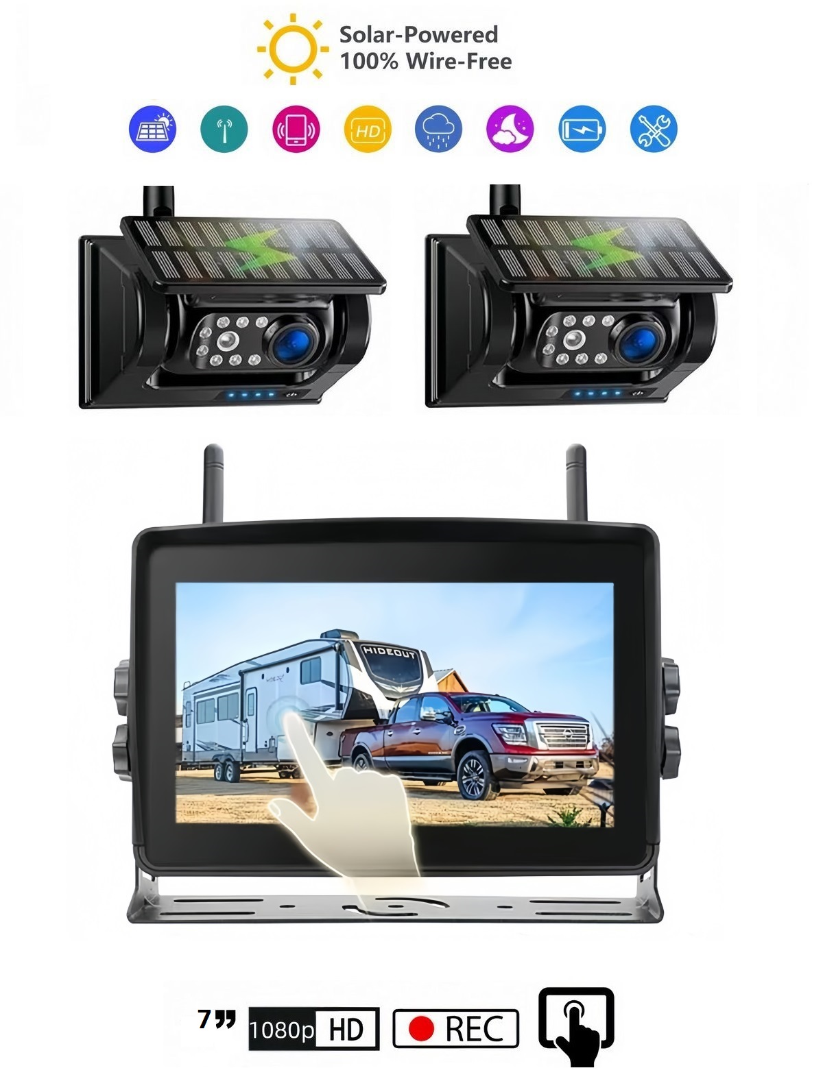 Set monitor solar 7" terbalik + 2× kamera magnetik WiFi HD, LED IR ...