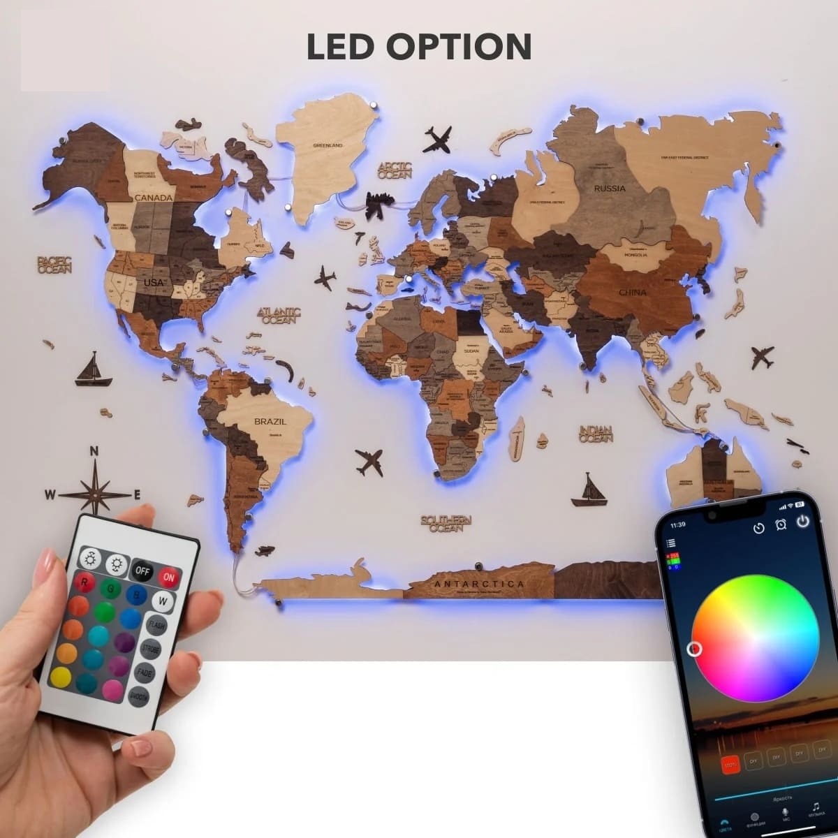LED wooden world map - 3D RGB wood map backlight (mobile app + remote ...