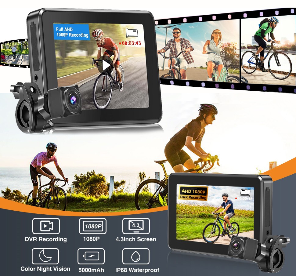 Fahrrad-Rückfahrkamera FULL HD SET + 4,3-Zoll-Monitor mit Micro-SD ...