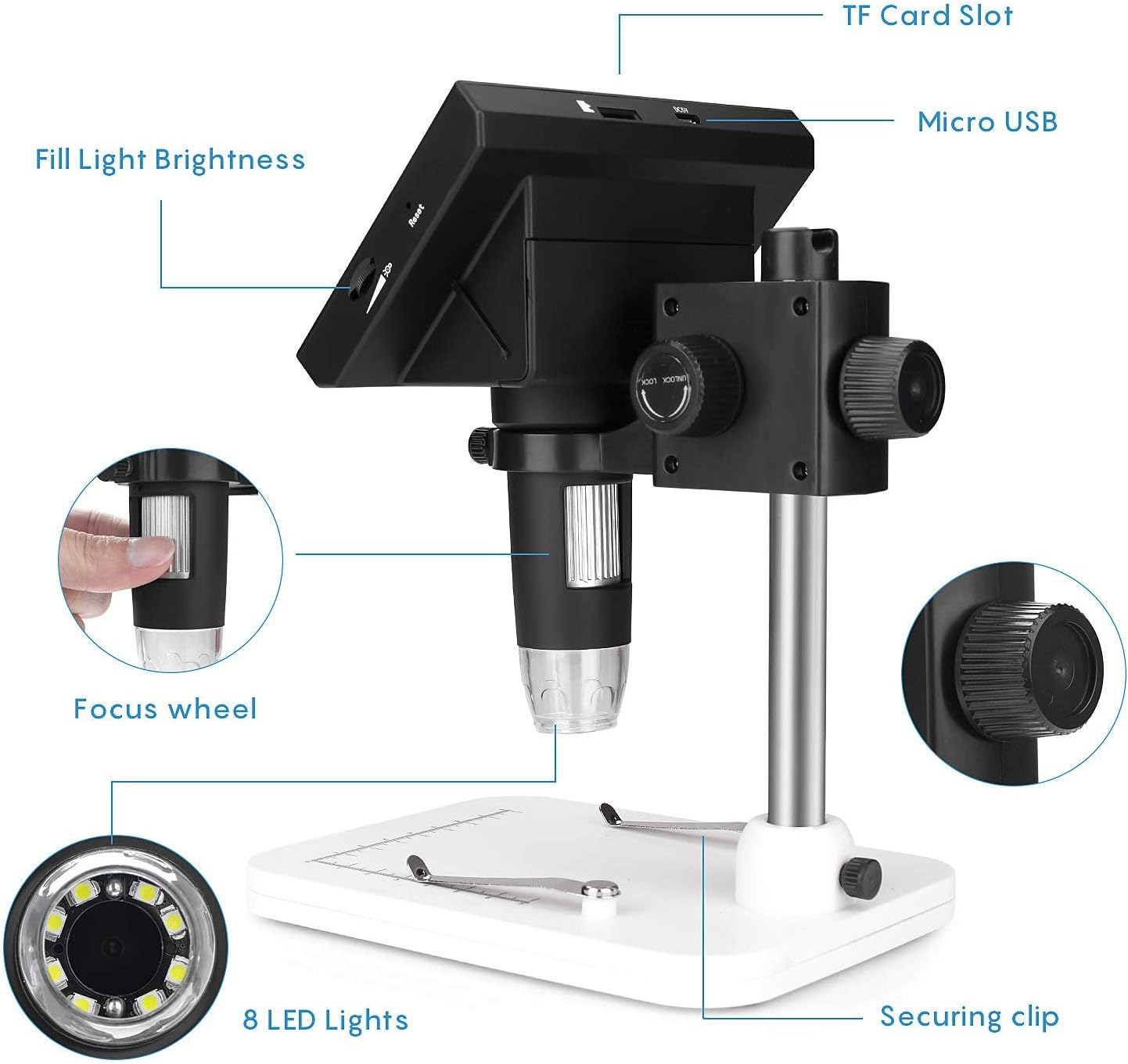 Digital microscope with camera and 4,3" display for PC + LED light with ...