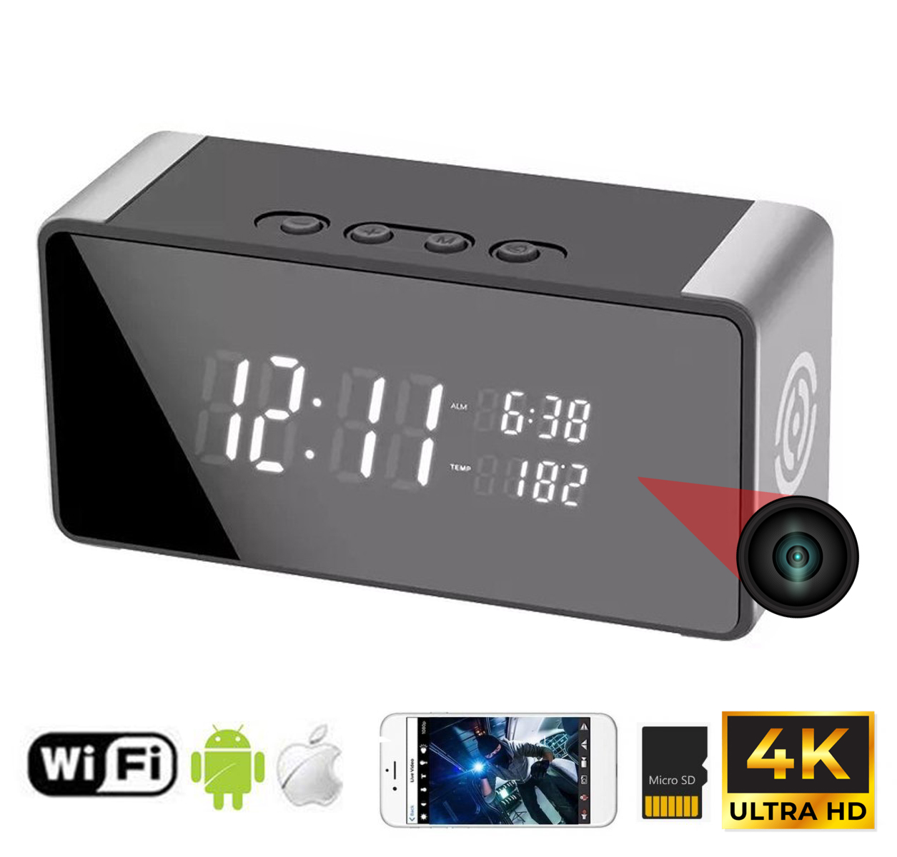 4K spy alarm clock camera - WiFi/P2P + night vision + thermometer (iOS ...
