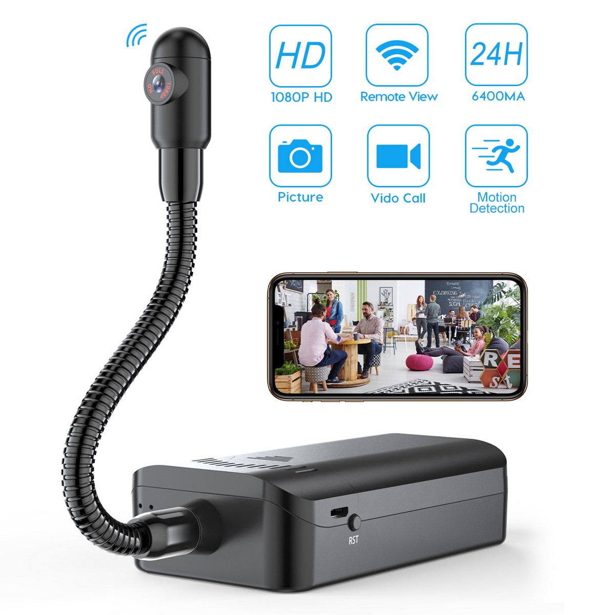Gooseneck camera rotating pinhole spy Full HD + 5000mAh battery + WiFi ...