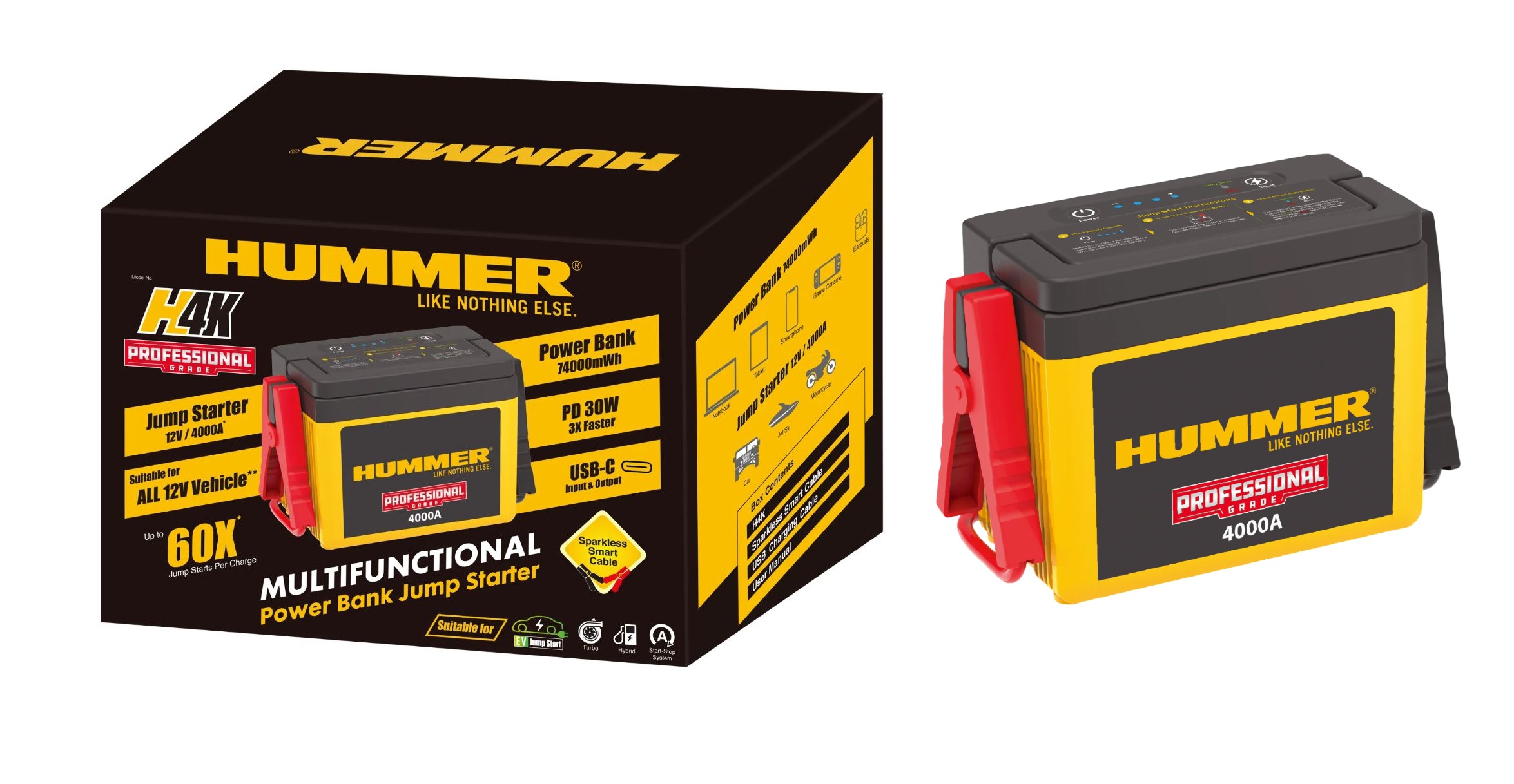 ハマー H4K – ポータブルカージャンプスターター + パワーバンク 20000 mAh + PD30W (4000A、12V ...