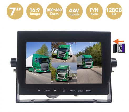 Atvirkštinis DVR monitorius 7 "LCD + įrašymas iš 4 kamerų iki 128 GB ...
