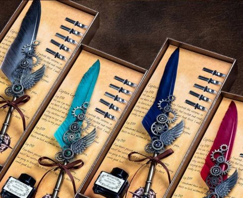 STEAMPUNK-Stiftset – Federstift + 5 Federn – Exklusives Geschenkset ...