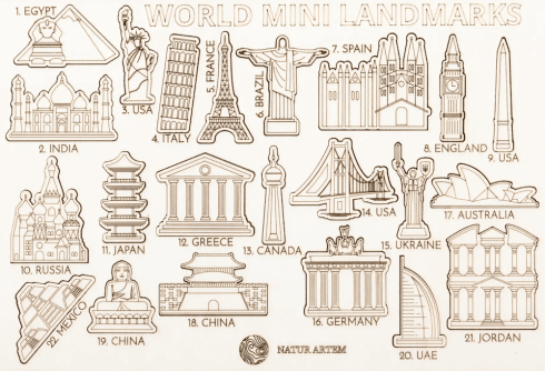 Mini monuments - accessories for a wooden wall map 22 pcs | Cool Mania
