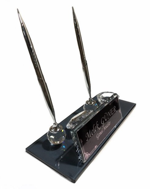 Silver pen stand set - glass base + watch + 2 silver pens | Cool Mania