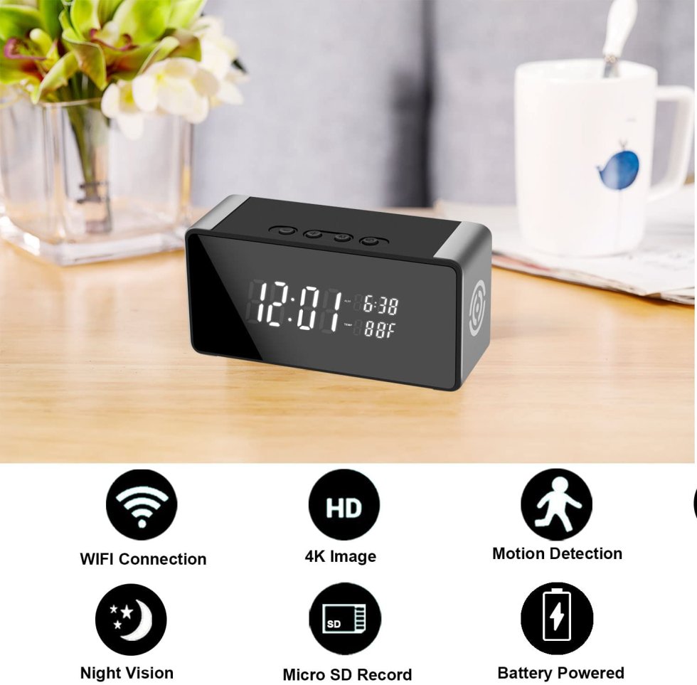 4K spy alarm clock camera - WiFi/P2P + night vision + thermometer (iOS ...