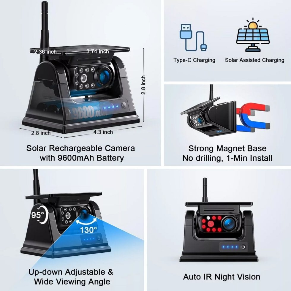Güneş enerjili geri görüş kamerası seti: 10 inç monitör + 1 adet Wifi ...