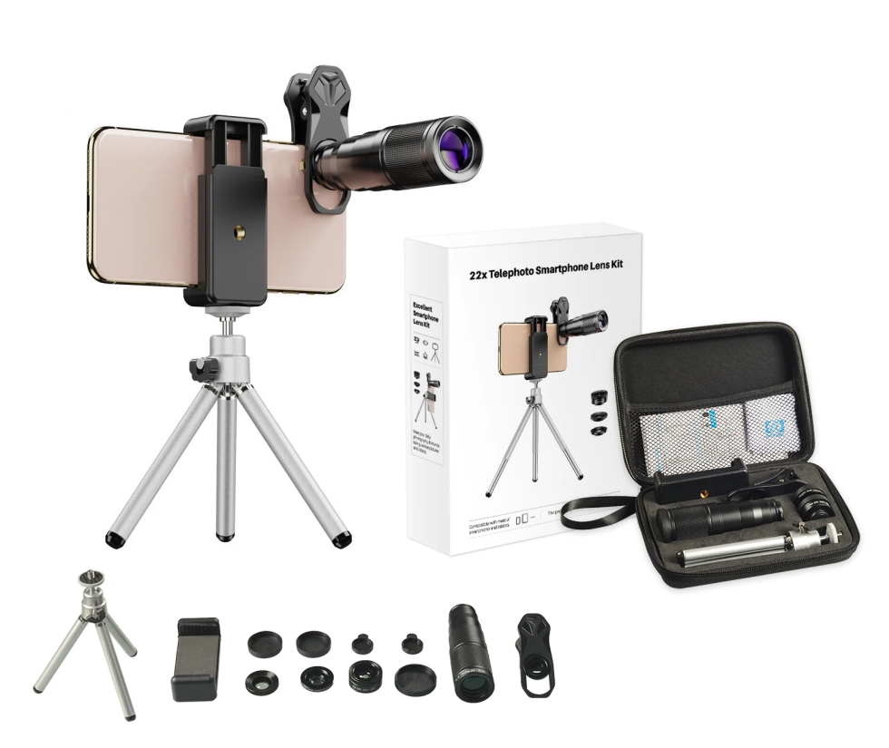 Sada objektivů na mobil 6v1 – 22x Teleobjektiv + 120° Širokoúhlý + 25× Makro + Rybí Oko + Stativ ...