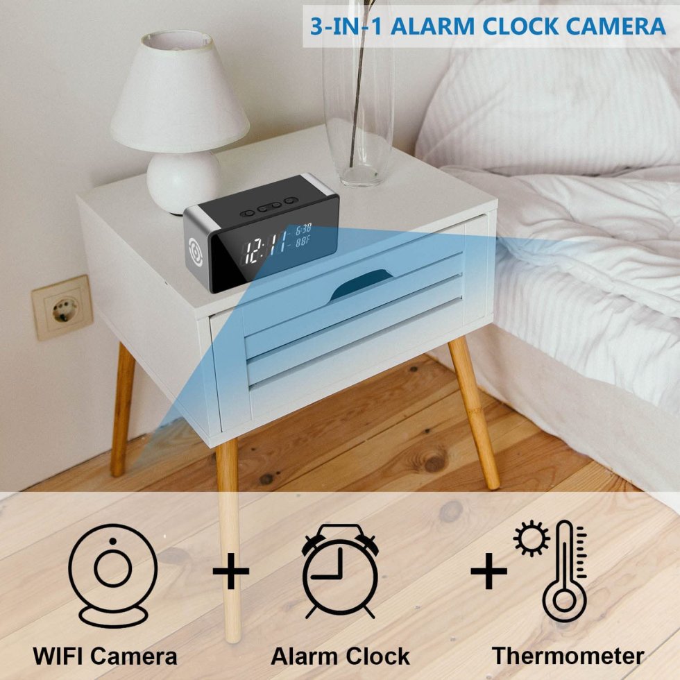 4K spy alarm clock camera - WiFi/P2P + night vision + thermometer (iOS ...