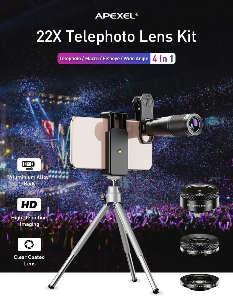 Set lentesh për telefon celular 6 në 1 – Telefoto 22x + Kënd i gjerë ...