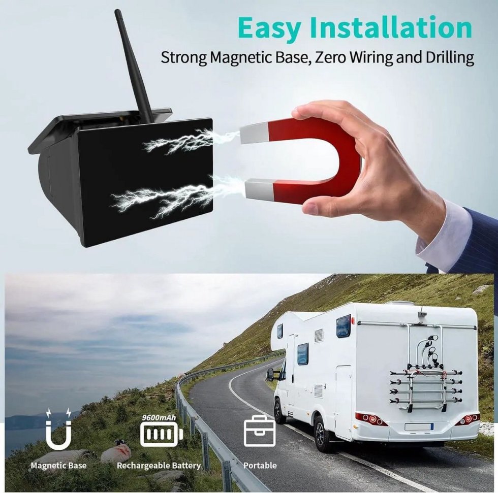 Kit de aparcamiento solar: monitor de 10" + 2 cámaras magnéticas WiFi ...